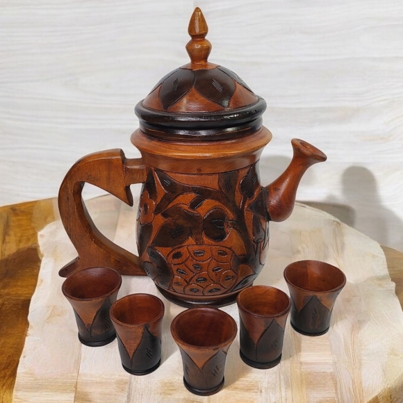 Vintage | Dining | Hand Carved Vintage Wood Tea Set Teapot And 5 Cups ...